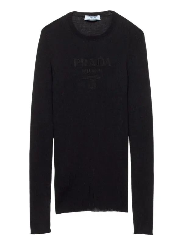 Prada Superfine Ribbed Intarsia-logo Sweater - Navy