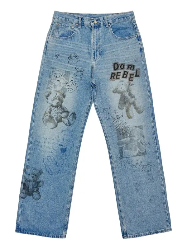 DOMREBEL Belt Loop Jeans With Pattern Embellishment - Medium Blue