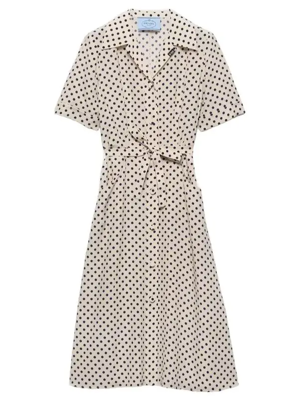 Prada Polka Dot Print Marocain Shirt Dress - Beige Sand/blue