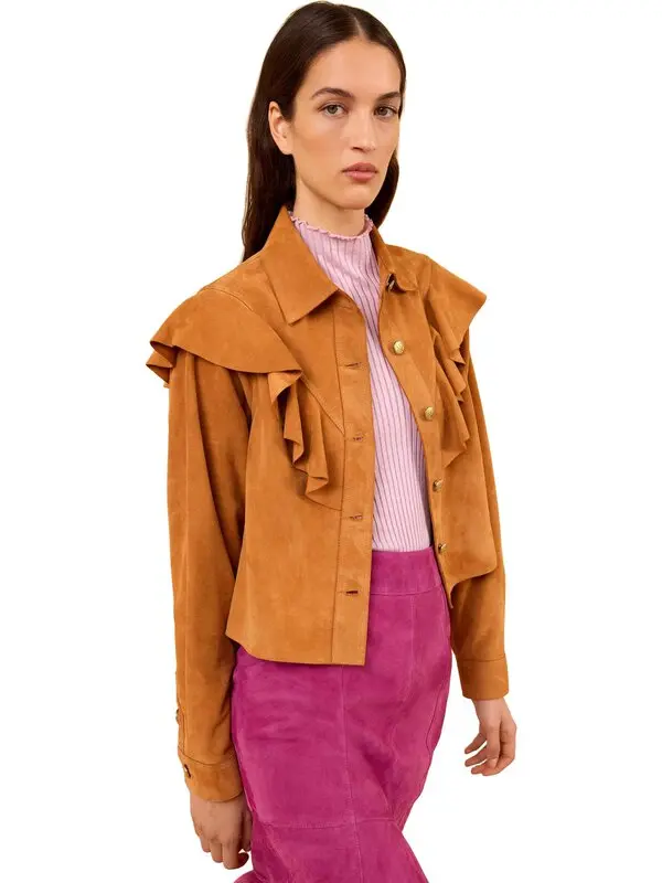 Ulla Johnson Matilde Ruffle Suede Jacket - Cognac