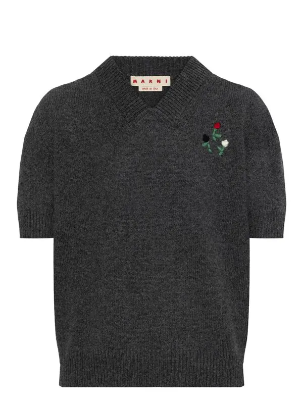 Marni Short-sleeve V-neck Wool And Cashmere Sweater With Rose Embroidery - Grey