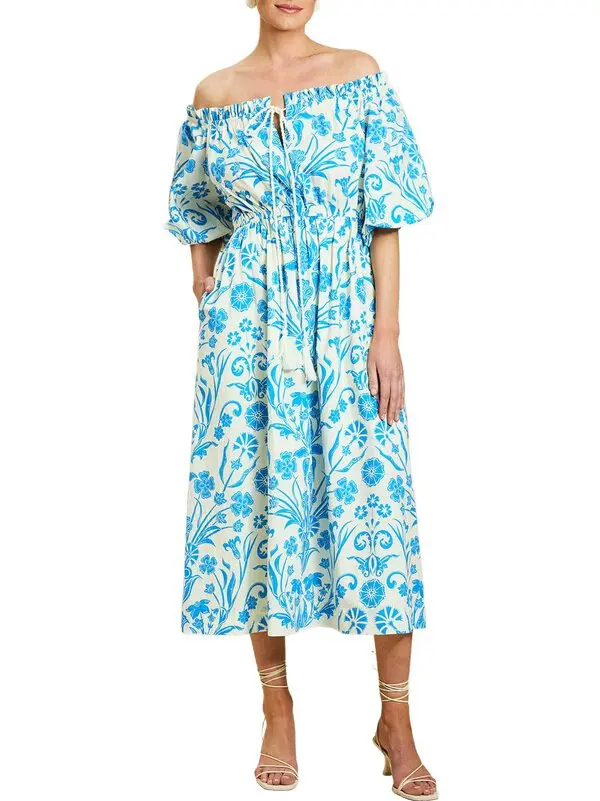 Mestiza New York Off-shoulder Floral Print Midi Dress - Blue