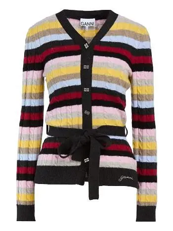 GANNI Intarsia-knit Belted Cardigan - Grey