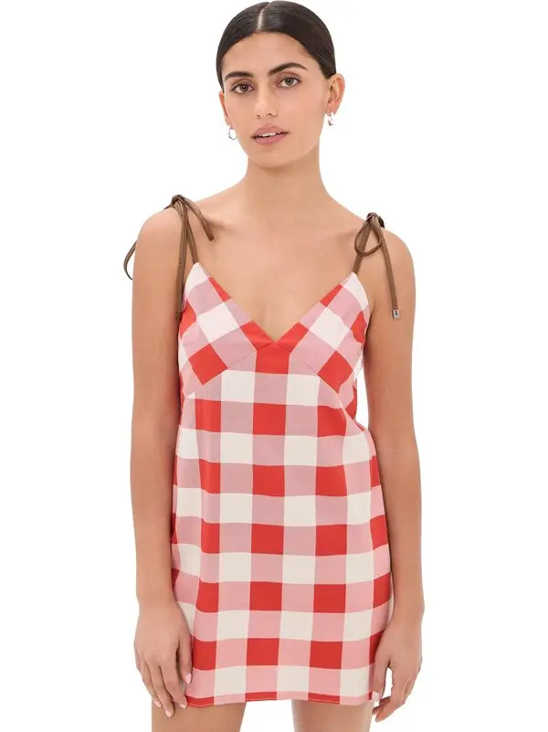 SEROYA Shantie Dress With Gingham Check Print And Leather Tie Shoulders - Geranium Gingham