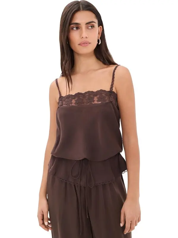Bardot Bonita Satin Lace Trim Top - Dark Choco
