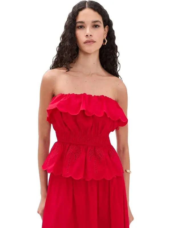 English Factory Strapless Embroidered Poplin Top - Red