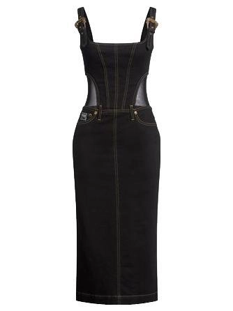 Versace Denim Midi Dress With Appliqués And Tulle Trims - Black
