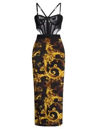 Versace Viscose And Elastane Bodycon Midi Dress With Signature Print - Black