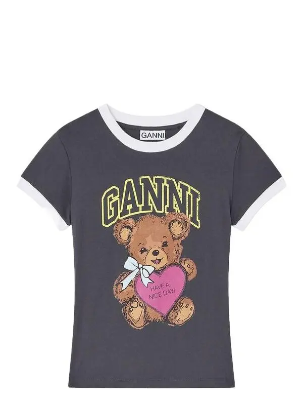 GANNI Cropped Teddy T-shirt - Phantom Black