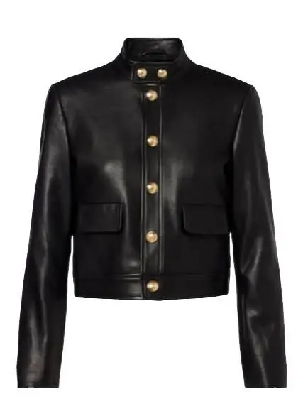 NILI LOTAN Hadley Cropped Leather Jacket With Gold-tone Buttons - Black