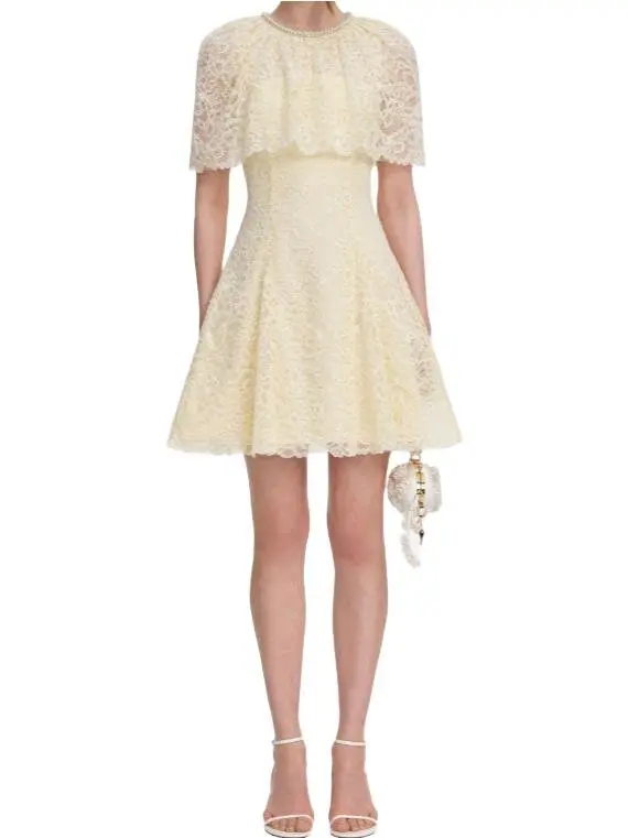 SELF-PORTRAIT Lace Cape Mini Dress - Yellow