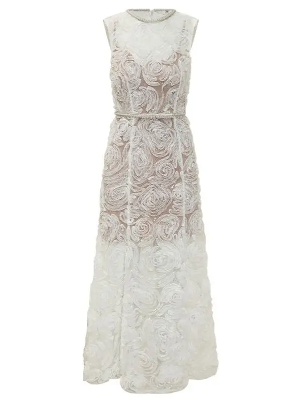 SELF-PORTRAIT Tulle Lace Midi Dress - White