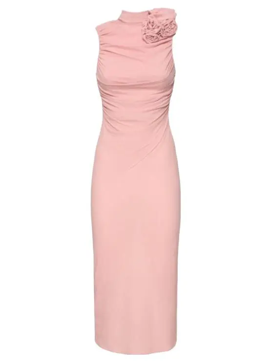Magda Butrym Sheer Silk Midi Dress With Detachable Rose Appliqués - Pink