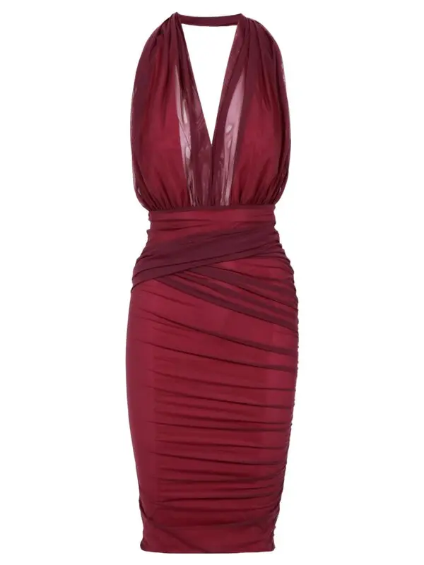 AMAZUIN Pleated Midi Dress With Deep V-neck And Tie Collar - Red