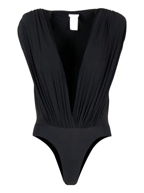 AMAZUIN Sleeveless V-neck Bodysuit With Padded Shoulders - Black
