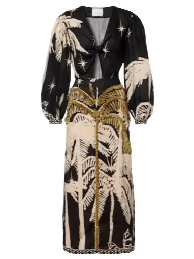 Johanna Ortiz Palm Tree" Linen Maxi Dress - Black