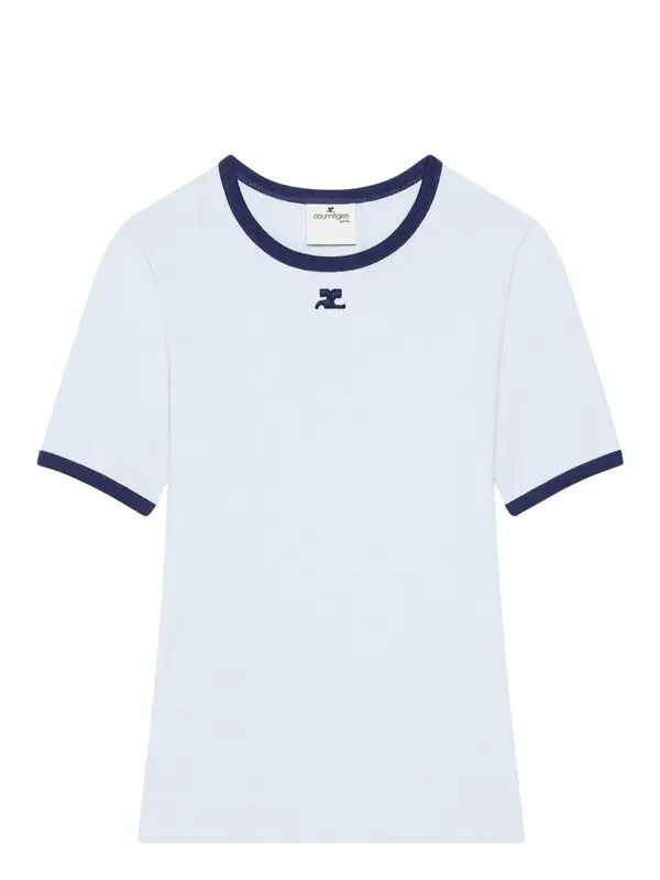 COURREGES Logo Embroidered Contrast Trim T-shirt - Soft Blue/work Blue
