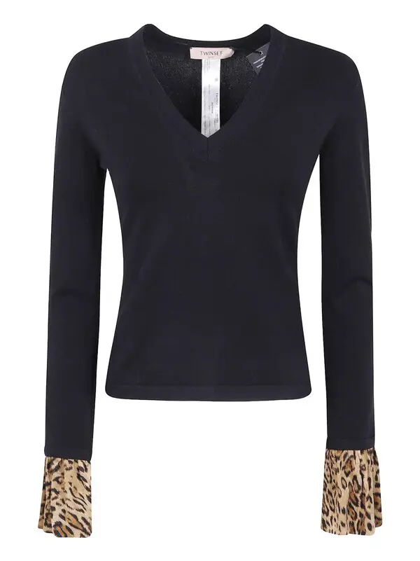 TWINSET V-neck Ruffled Jumper With Leopard Print Cuffs - Black