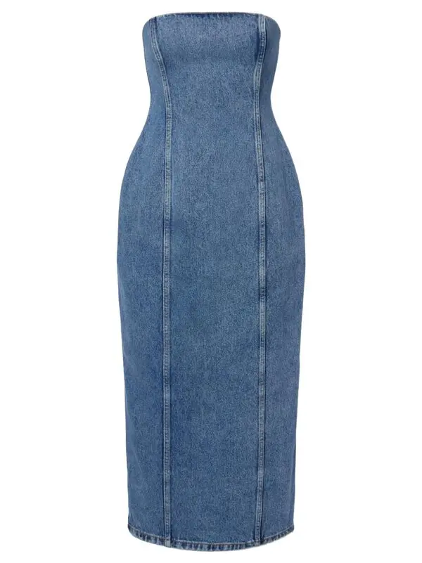 Magda Butrym Strapless Denim Midi Dress With Crochet Trim - Blue