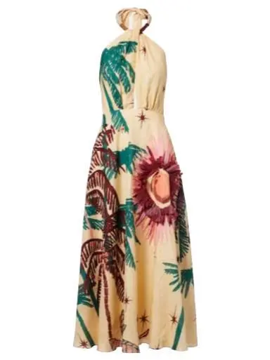 Johanna Ortiz Floral Linen Halterneck Midi Dress - Nude