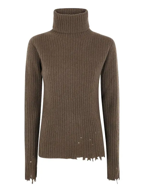 UMA WANG Turtleneck Knitted Jumper With Distressed Details - Army Green