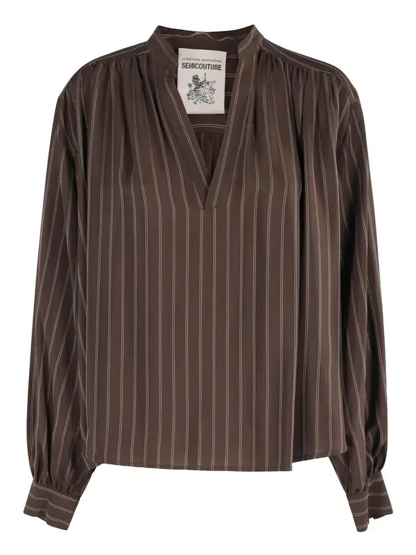 SEMICOUTURE Striped V-neck Long Sleeve Shirt - Brown