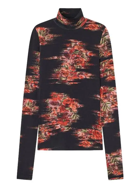 GANNI Floral Jersey Turtleneck Top - Black