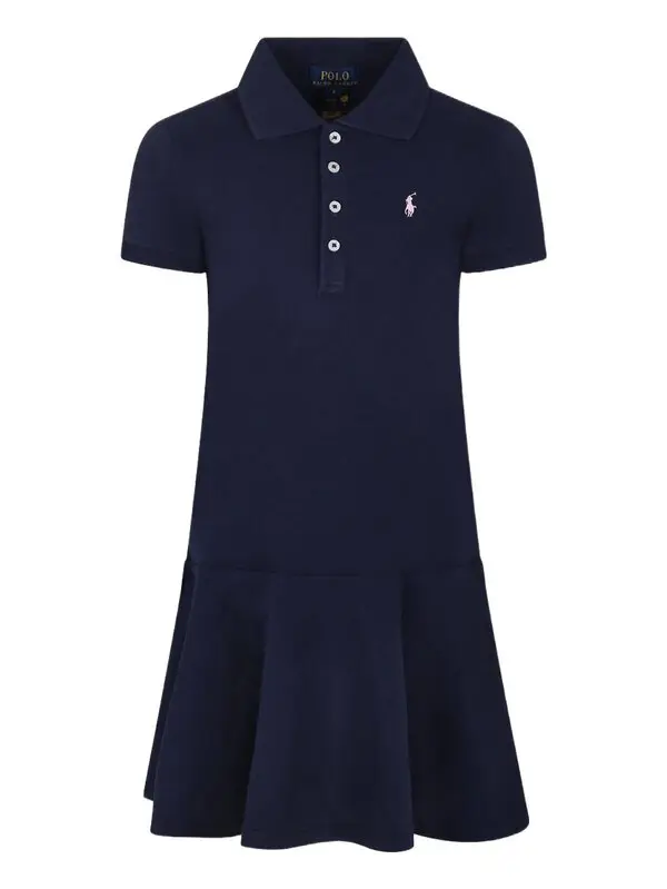 Ralph Lauren Short Sleeve Collared Trumpet Sleeve Dress With Embroidered Logo - Navy