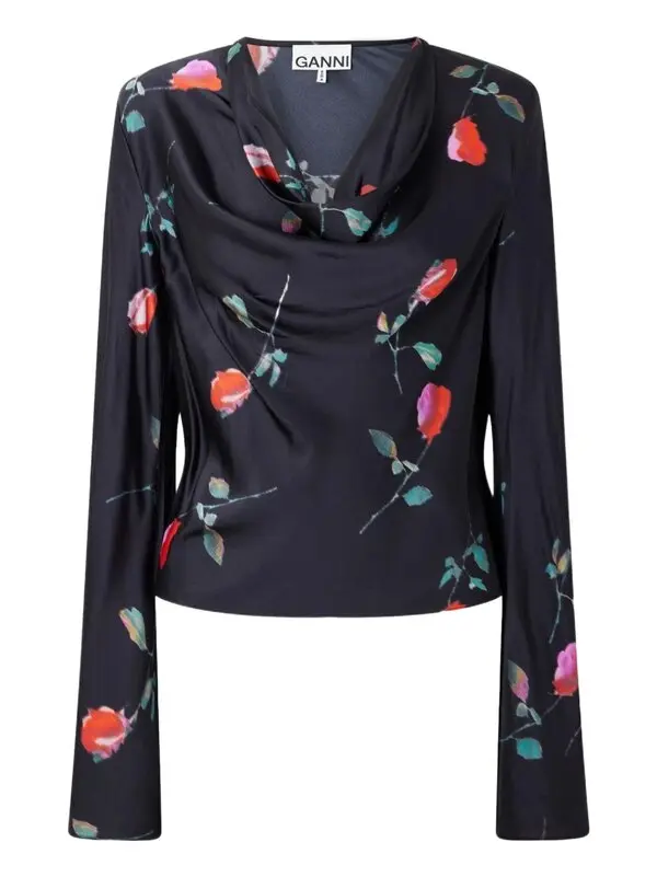GANNI Floral Printed Satin Blouse - Black