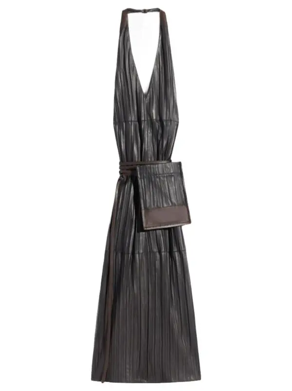 LEMAIRE Pleated Leather Apron Dress - Espresso