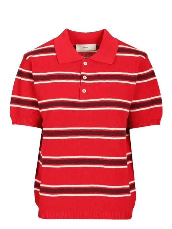 DUNST Striped Knitted Polo Shirt - Red