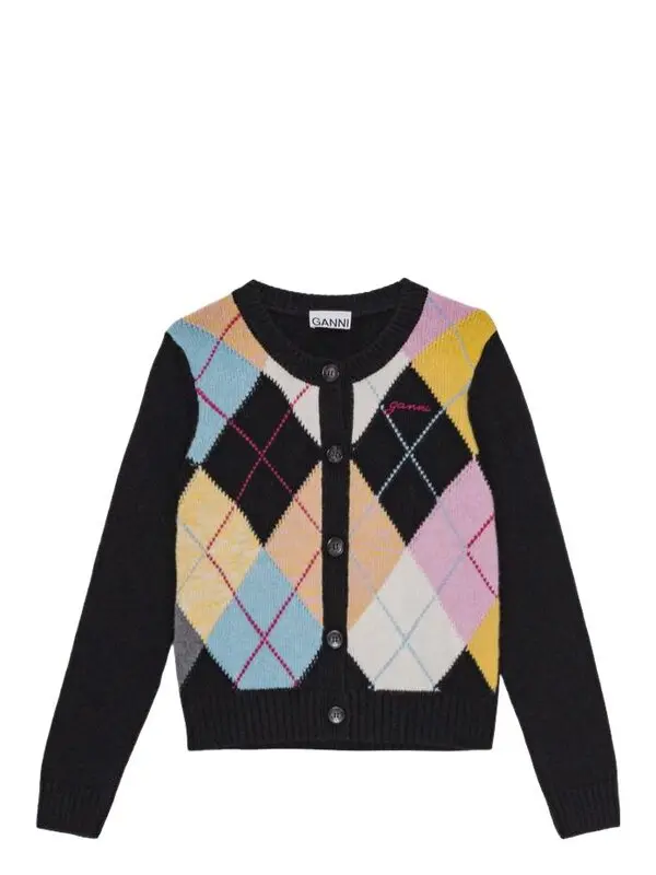 GANNI Argyle Crew Neck Cardigan - Multi-color