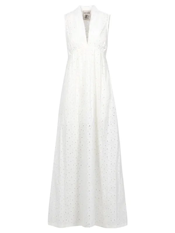 SEMICOUTURE Sleeveless V-neck Crochet Effect Maxi Dress - White