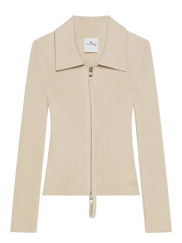 COURREGES Ribbed Knit Cardigan With Zip Front - Dark Sand