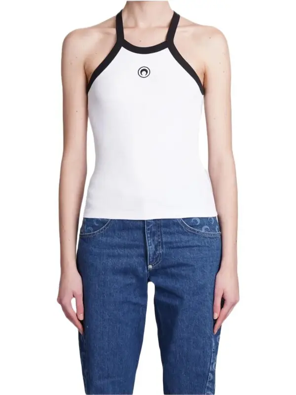 MARINE SERRE Crescent Moon Embroidered Ribbed Racerback Top - Multicolor