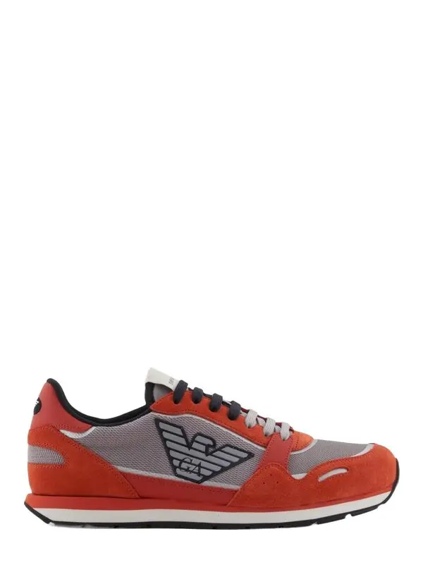 Emporio Armani Mesh And Suede Lace-up Sneakers With Eagle Detail - Red