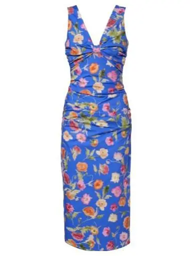 Carolina Herrera Floral Gathered Cotton-blend Midi Dress - Blue