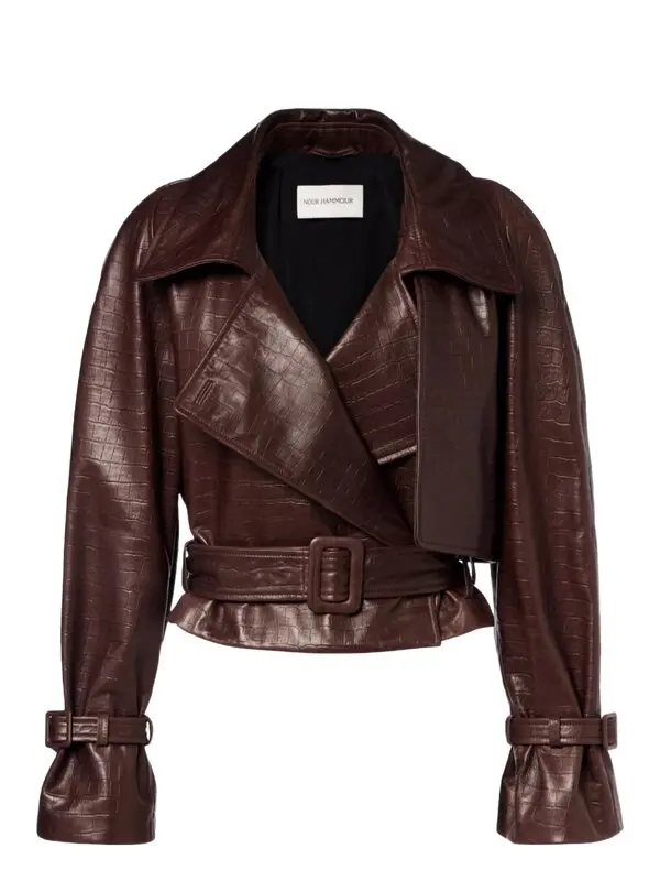 Nour Hammour Long-sleeved Cropped Leather Jacket With Belt - Brown