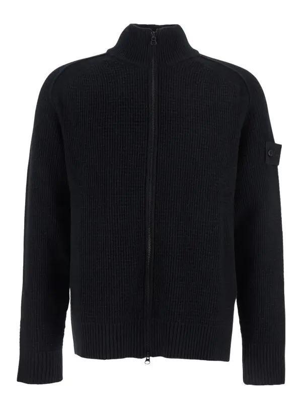 Stone Island Logo Patch Zip-up Cardigan - Black