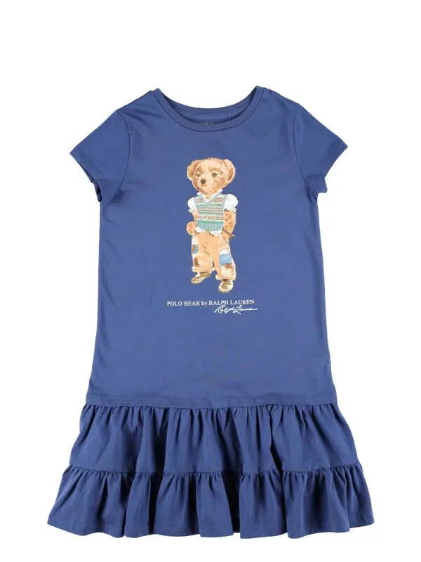 Polo Ralph Lauren Short Sleeve Ruffled Hem Dress With Bear Print - Blue