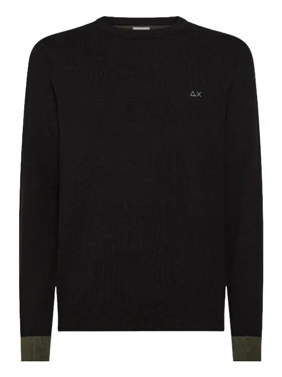 SUN 68 Crew Neck Knitted Sweater With Contrast Elbow Patches - Black