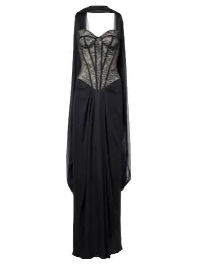 Monique Lhuillier Scarf Detail Draped Lace Gown - Black