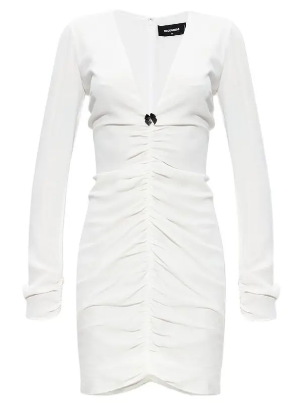 Dsquared2 Long-sleeved V-neck Gathered Mini Dress - White
