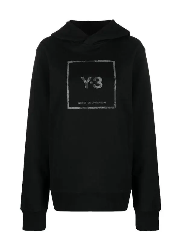 Y3 Logo Print Cotton Hoodie - Black