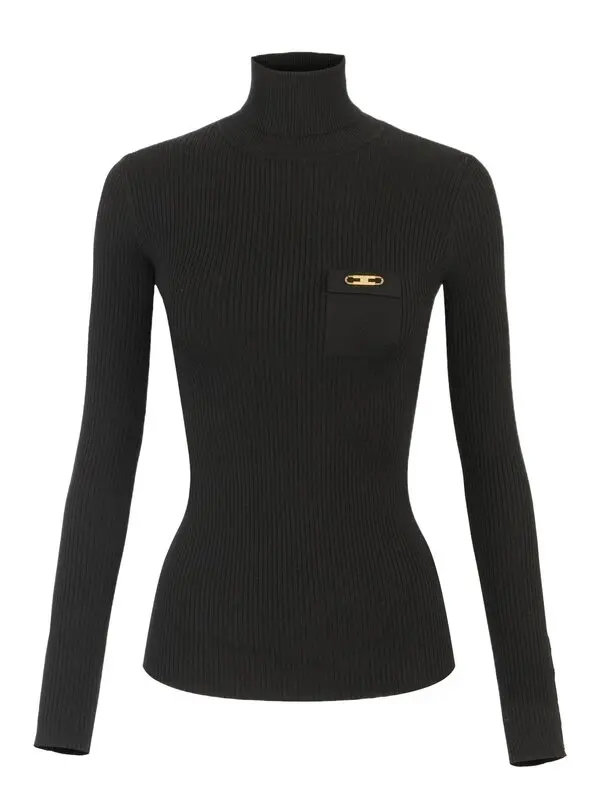 Elisabetta Franchi Ribbed Knit Turtleneck Top With Satin Pocket Detail - Black