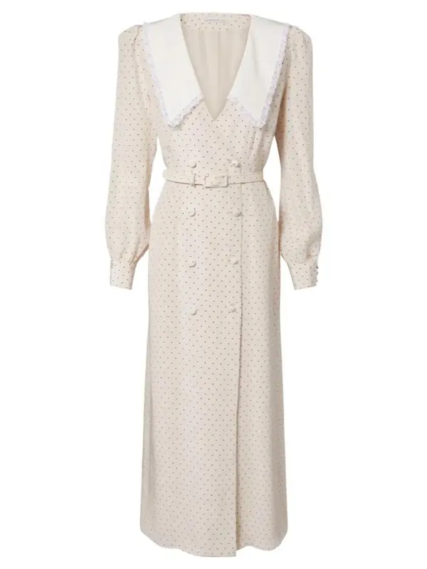 Alessandra Rich Polka Dot Silk Midi Dress With Lace Trim - White