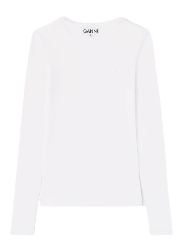 GANNI Rib Long-sleeve Top With Crew Neck - White