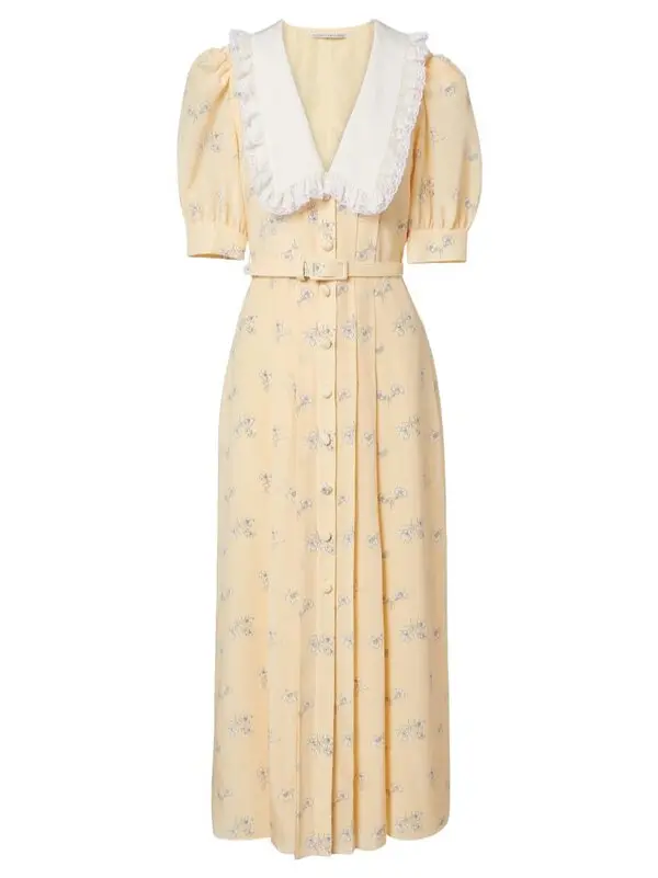 Alessandra Rich Floral Silk Belted Midi Dress With Lace Trim - Nude