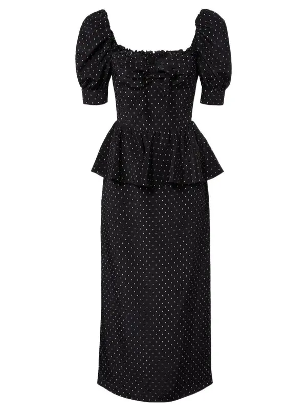Alessandra Rich Polka Dot Peplum Silk Midi Dress - Black