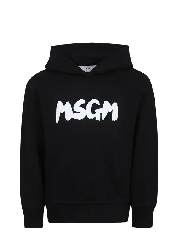 MSGM Long Sleeve Hooded Sweatshirt With Printed Logo - Black